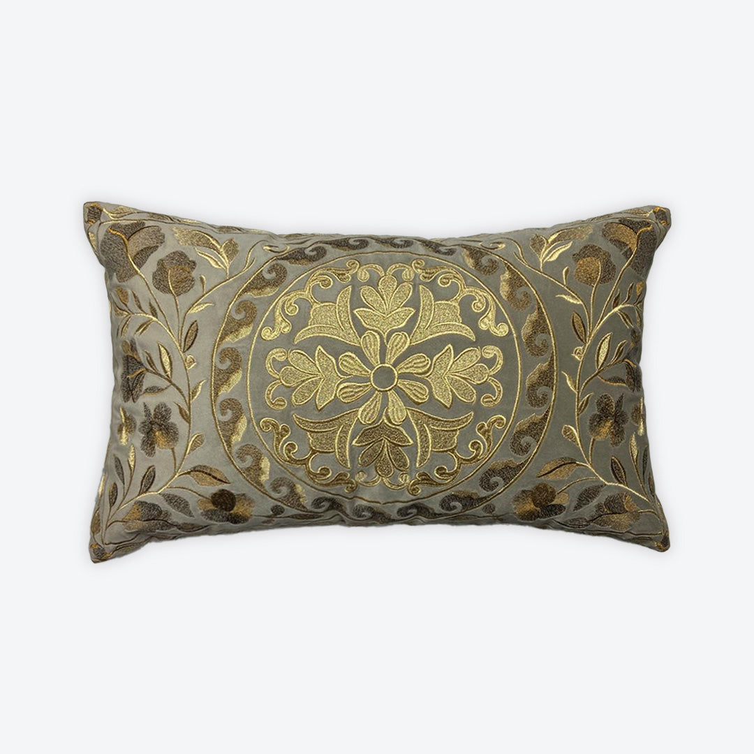 Beige Regalia Cushion Cover | Gold Embroidered Velvet with Royal Motif ...
